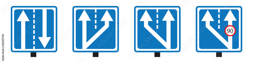Road signs and street traffic. Highway warning yield signs collection ...