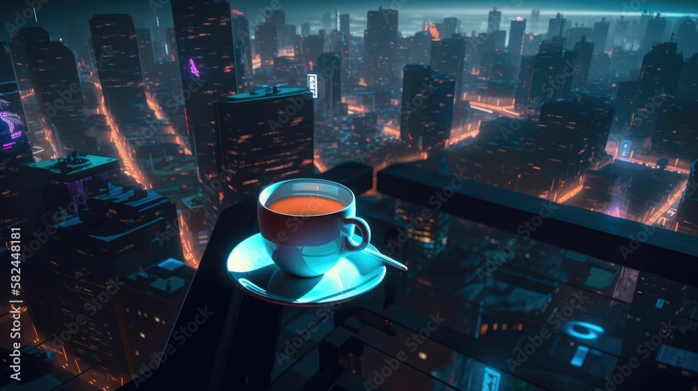 Cup of Hot Coffee with a Stunning View of a Cyberpunk City Skyline from ...