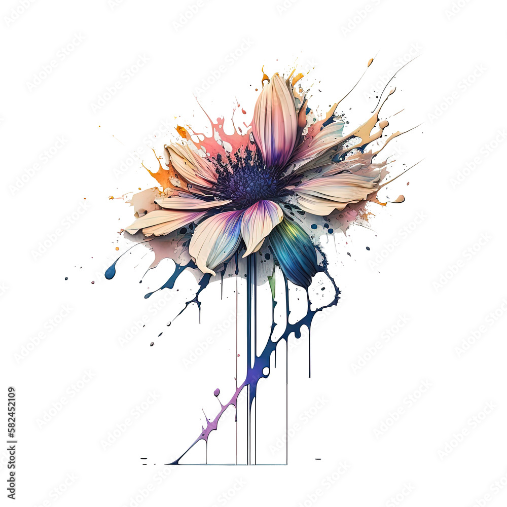 Abstract paint splatter flower and paint splash closeup isolated ...
