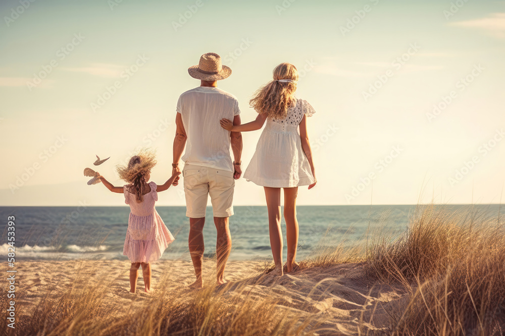 Summer Fun with the Family: Back View of Happy Vacationers. Generative ...