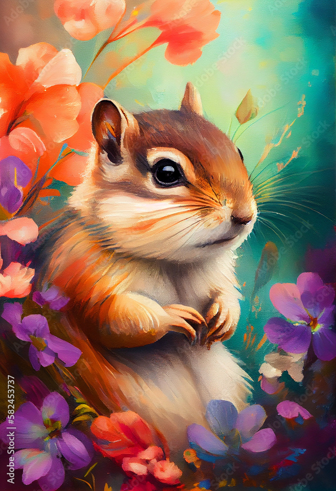 A charming portrait of a chipmunk with a dynamic pose is depicted in ...