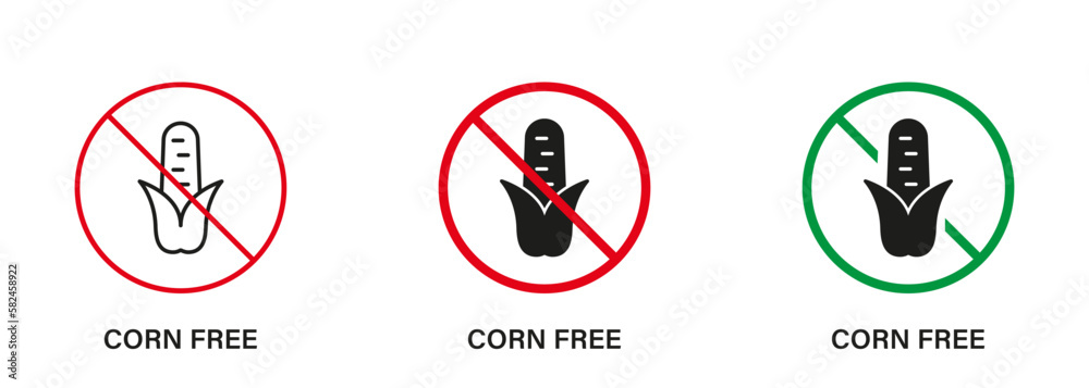 Corn Free Silhouette and Line Icon Set. Cob Maize Allergy Ingredient ...