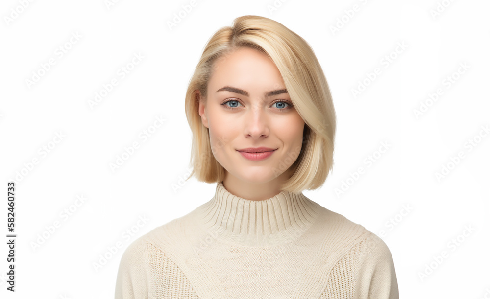 Attractive woman with short fair hair being very glad smiling with ...