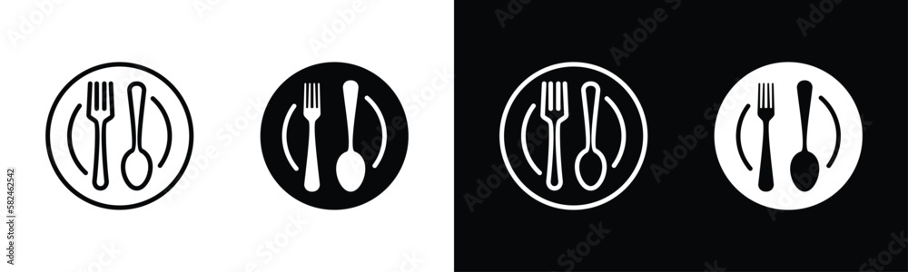 Fork, spoon, and plate icon. Cutlery icon set in line and flat style ...