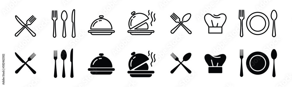 Fork, spoon, knife, plate, chef hat, and cloche or tray icon. Cutlery ...