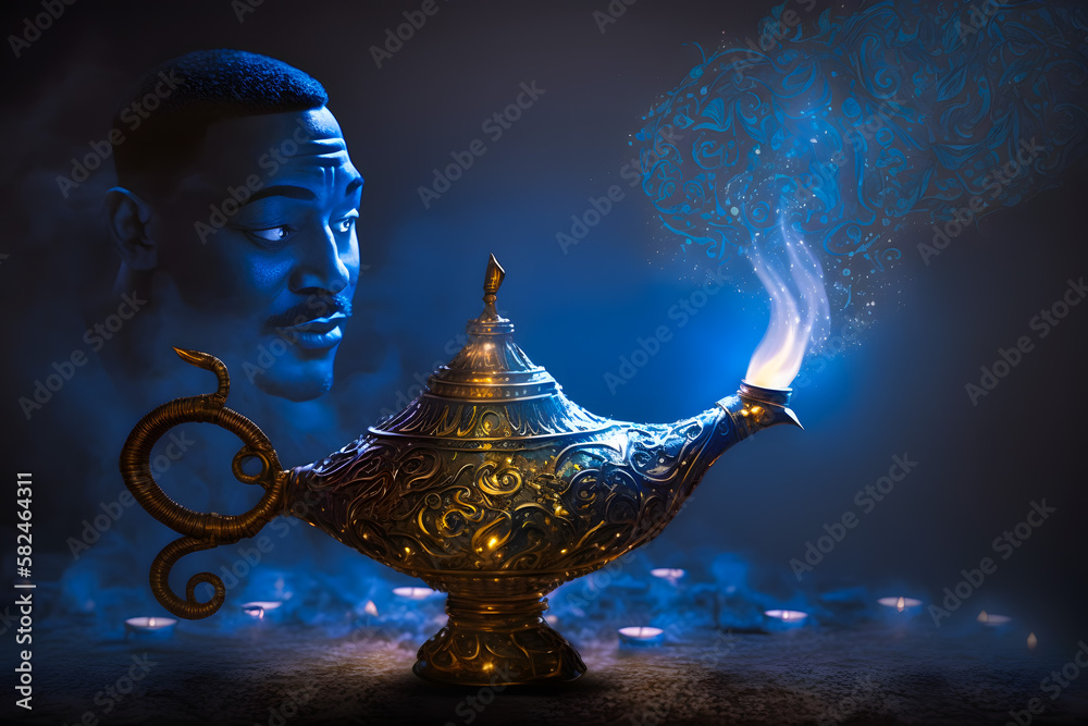 Lamp of wishes magic light blue smoke coming out of the bottle and a blue genie with the ...