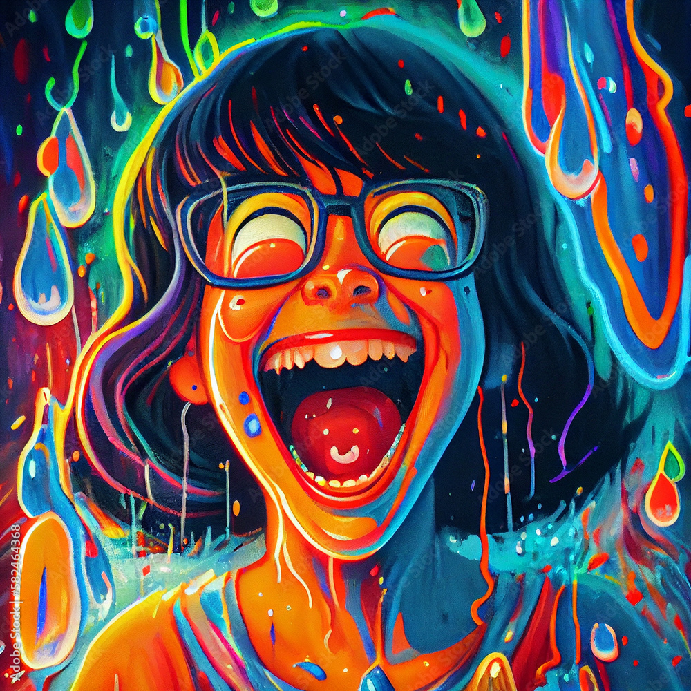 Psychedelic drippy oil painting with vibrant neon colors of girl ...