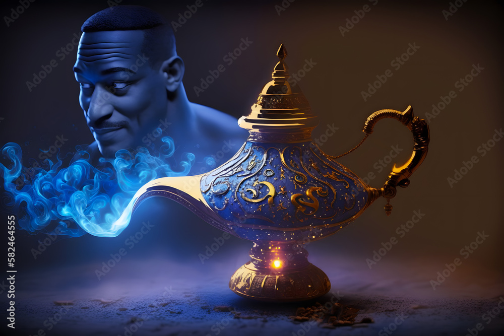 Lamp of wishes magic light blue smoke coming out of the bottle and a blue genie with the ...