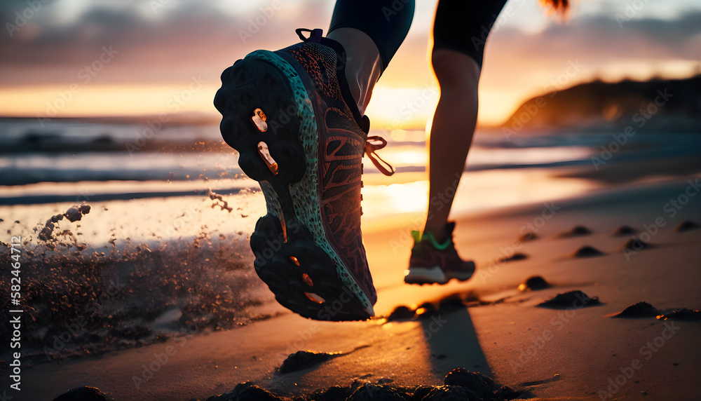 Running feet with sunlight on the beach, training to be winner, self ...