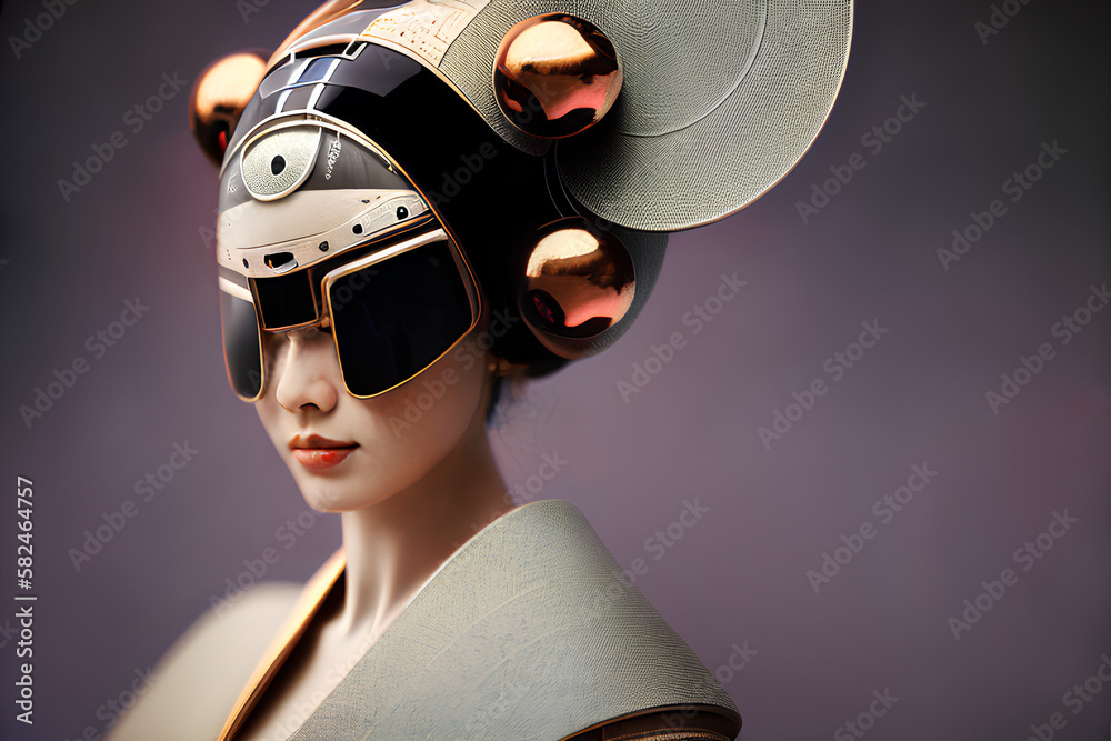Fashion trend set in the future, a Japanese geisha wearing futuristic ...