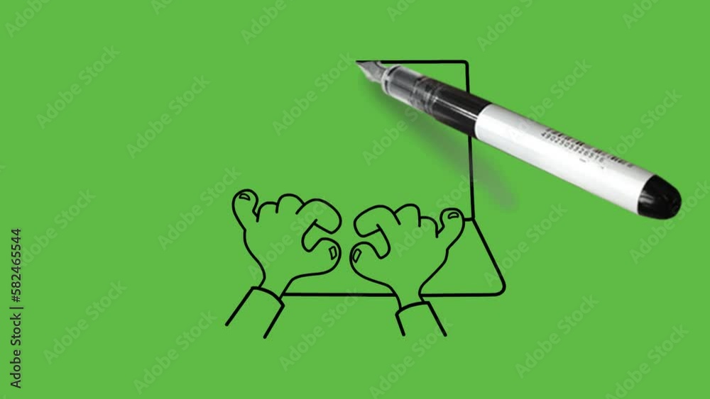 Draw working laptop with black outline on abstract green screen ...