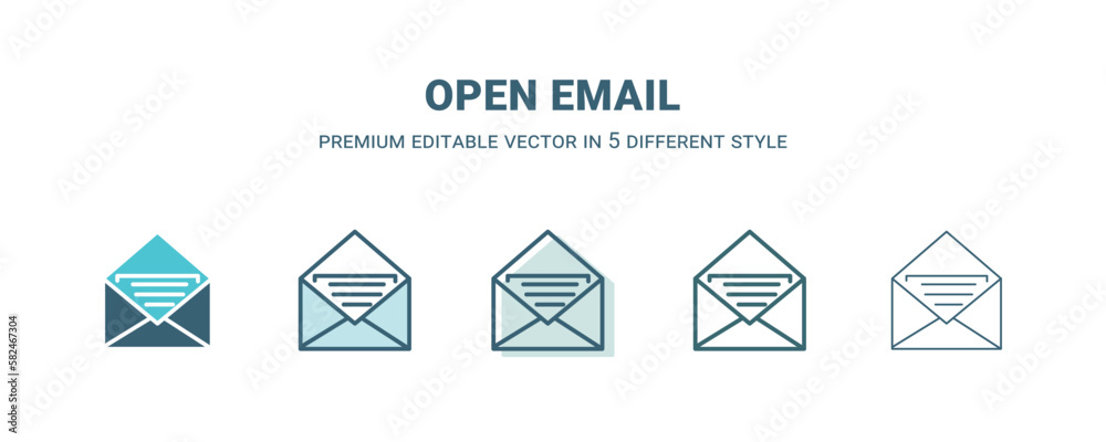 open email icon in 5 different style. Outline, filled, two color, thin ...