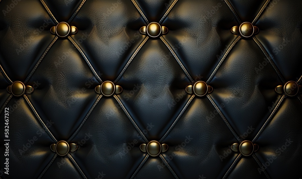 a black leather upholstered with gold rivets and rivets on the back of ...