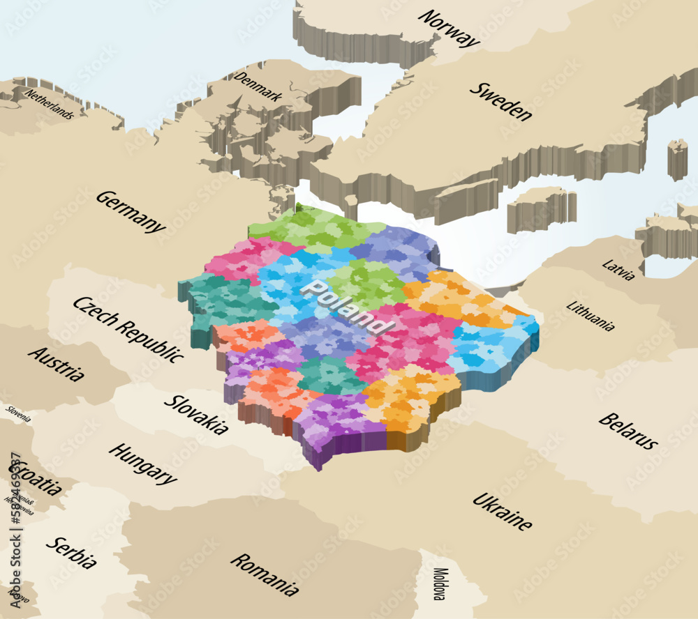 Poland isometric map with administrative divisions colored by regions ...