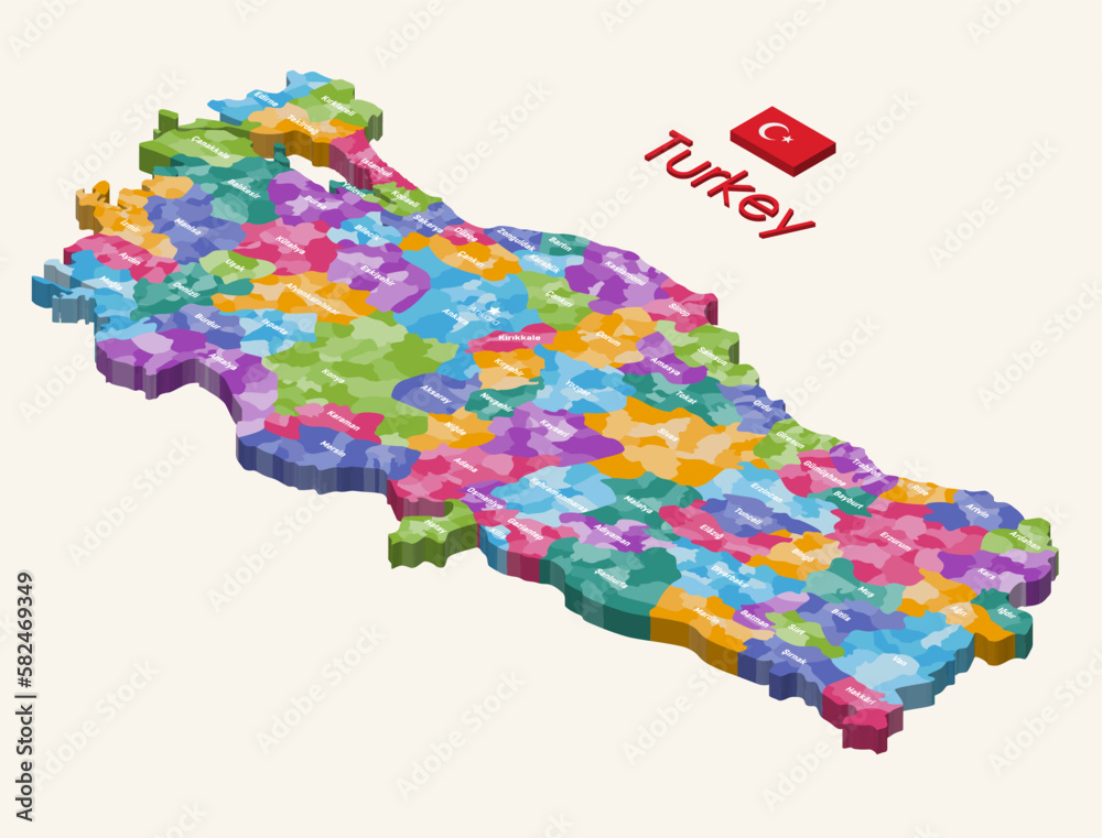 Turkey administrative districts 3d (isometric) isolated map colored by provinces and districts ...
