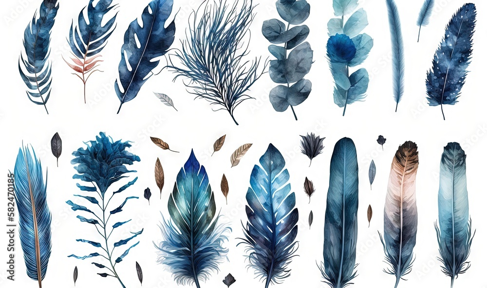 Poster a set of watercolor feathers and feathers on a white background ...