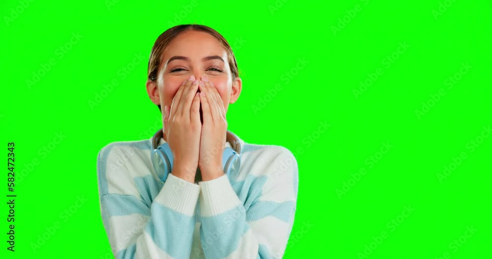 Woman, laugh and shock in studio by green screen background with funny ...