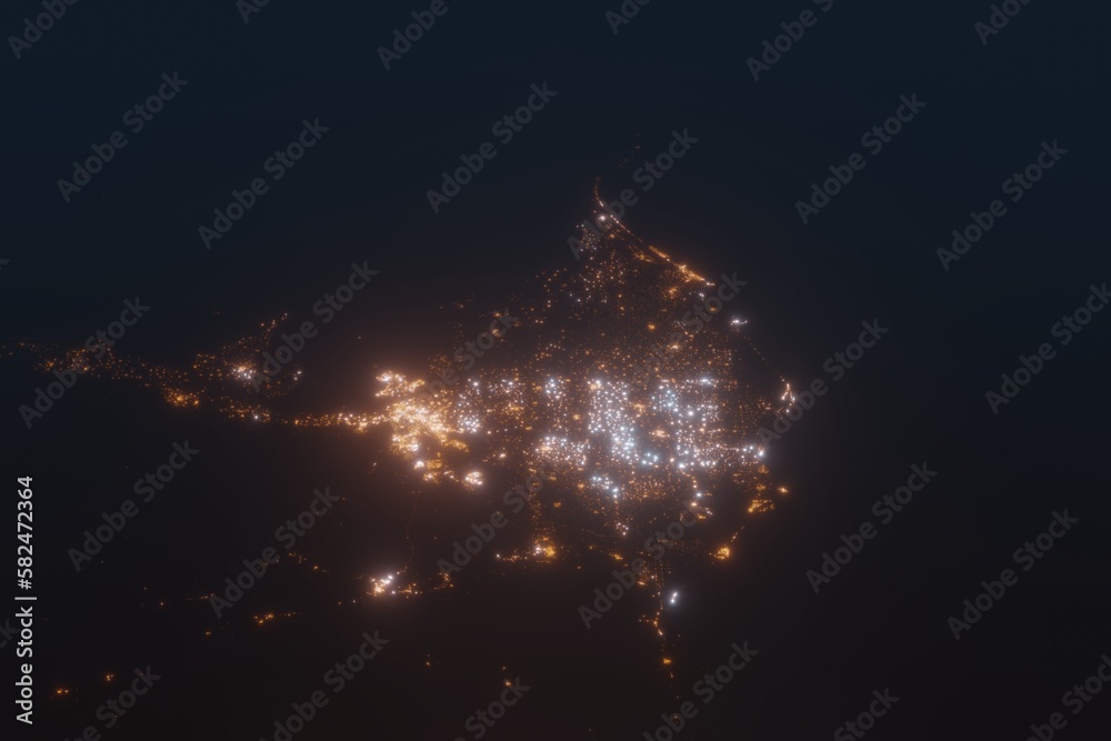 Aerial shot on Nile Delta (Egypt) at night, view from east. Imitation ...