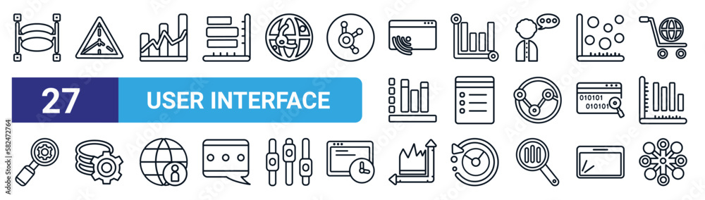 set of 27 thin line user interface icons such as data analytics cylinder, triangular pyramid ...
