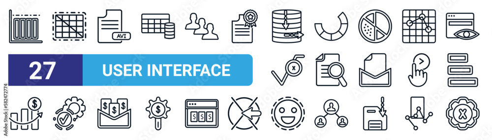 set of 27 thin line user interface icons such as dual stream chart ...