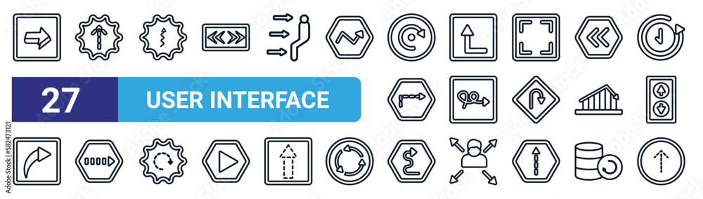 set of 27 thin line user interface icons such as 3d turn right arrow, up arrow with broken line ...