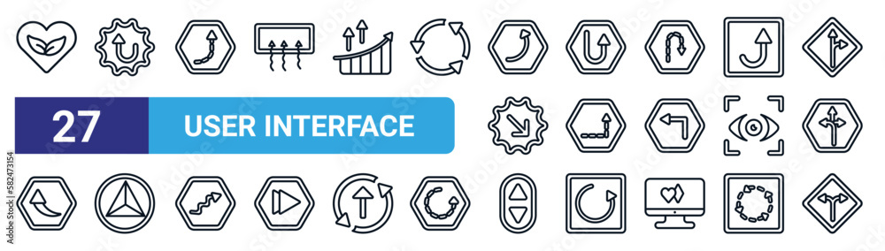 set of 27 thin line user interface icons such as ecologic heart, semicircular upward arrow ...