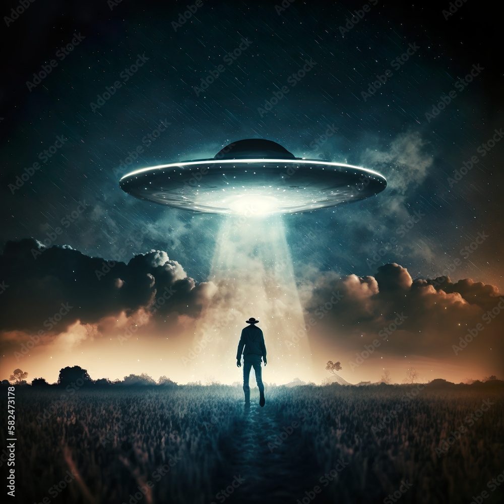 Flying saucer at night over the field. Invasion of extraterrestrial ...