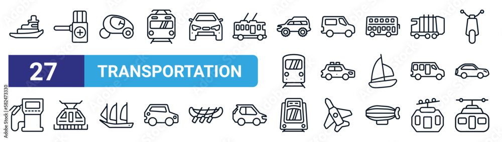 set of 27 thin line transportation icons such as tugboat, ticket booth ...