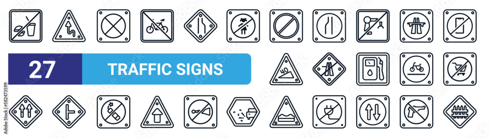 set of 27 thin line traffic signs icons such as no fast food, curves ...