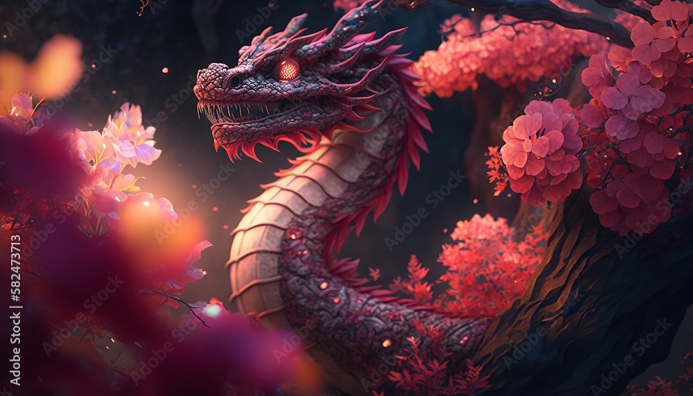 AI Generated Art Collection Of Sakura Dragons in the magic forest Stock ...