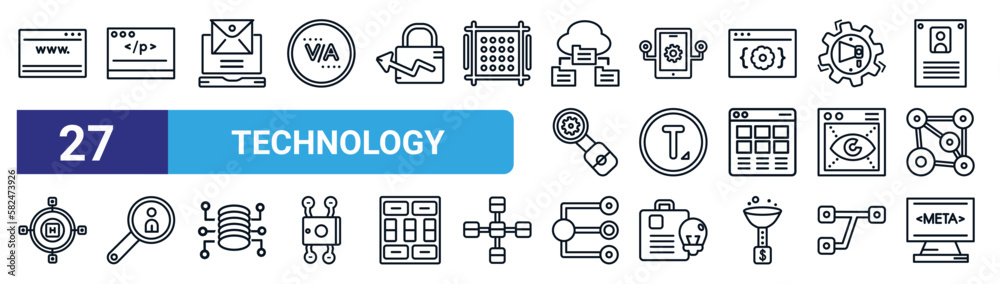 set of 27 thin line technology icons such as web apps, self-closing tag ...