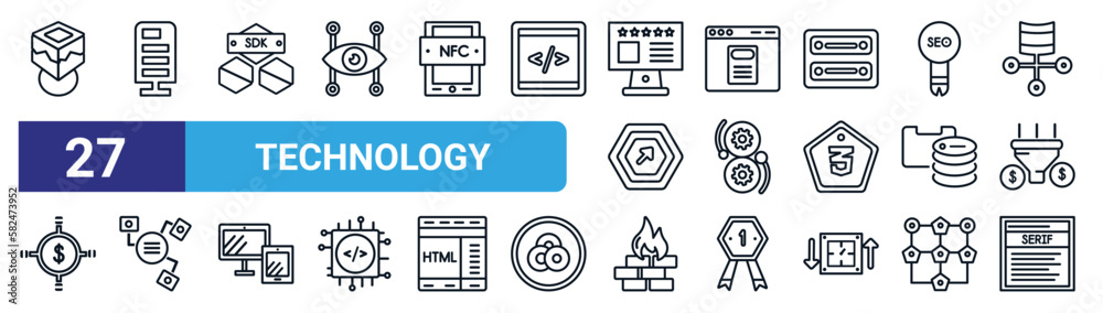 set of 27 thin line technology icons such as virtual box, web servers ...