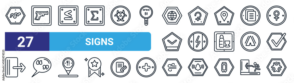 set of 27 thin line signs icons such as snake, gun, is less than or ...