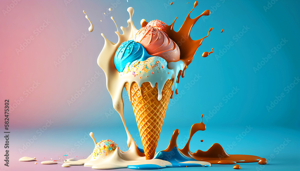 This illustration depicts a melting ice cream cone in a variety of ...