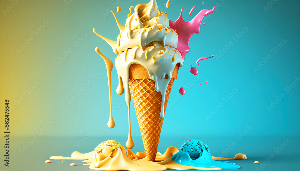 This illustration depicts a melting ice cream cone in a variety of ...