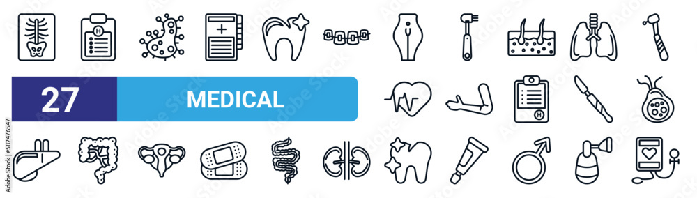 set of 27 thin line medical icons such as x ray, notepad, microbe ...