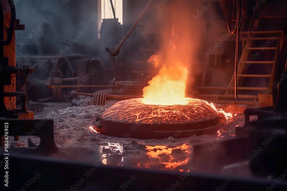 Liquid iron molten metal pouring in container, industrial metallurgical ...