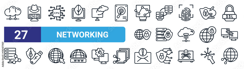 set of 27 thin line networking icons such as cloud, spyware, processor ...