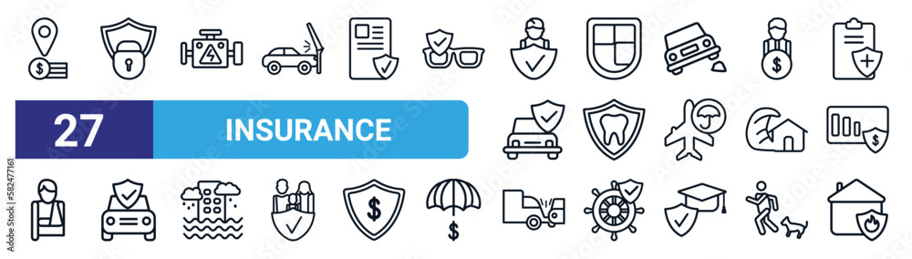 set of 27 thin line insurance icons such as replacement value, locked ...