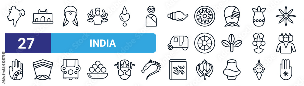 set of 27 thin line india icons such as assam, gate of india, woman ...