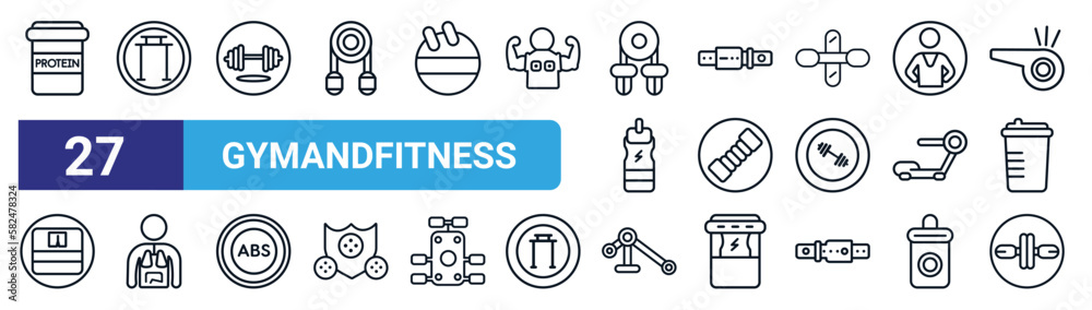 set of 27 thin line gymandfitness icons such as protein, horizontal bar ...