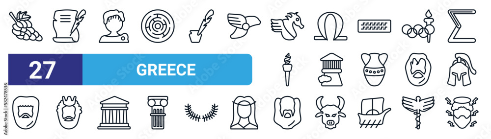 set of 27 thin line greece icons such as grapes bunch, letter quill ...