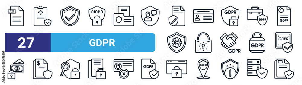set of 27 thin line gdpr icons such as text file, medical record ...
