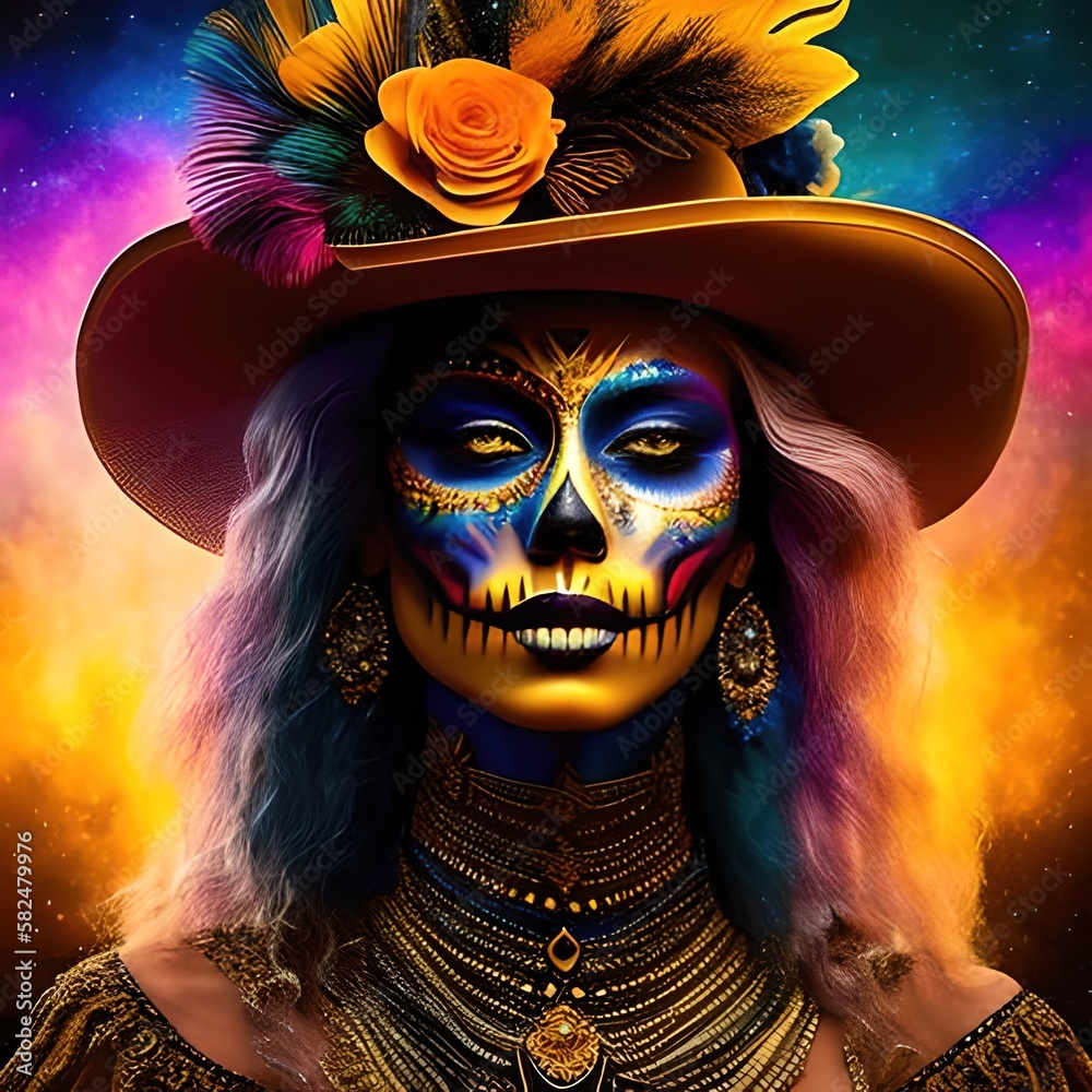 Beautiful Catrina for the day of the dead with flowers. Garbancera ...
