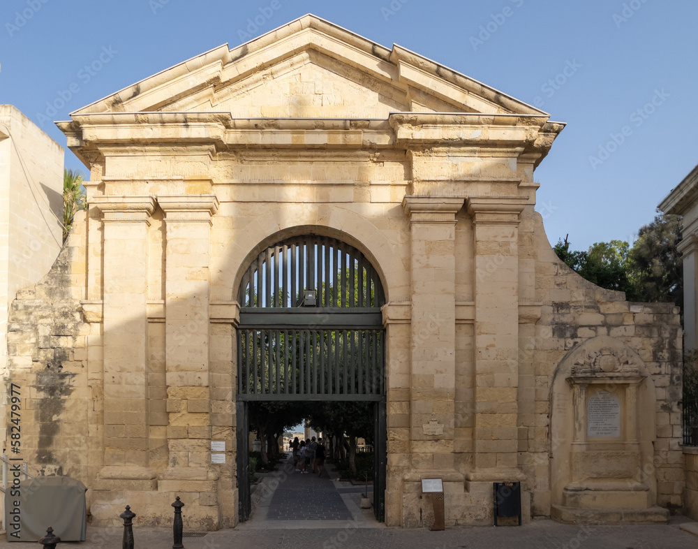 The main gate to the Upper Barrakka Gardens in Valletta, Malta. Stock ...