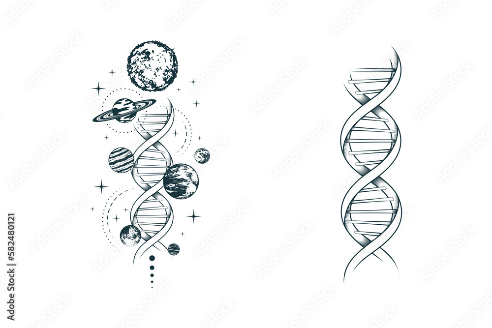 Celestial space composition with planets, stars and dna. Two mystical ...