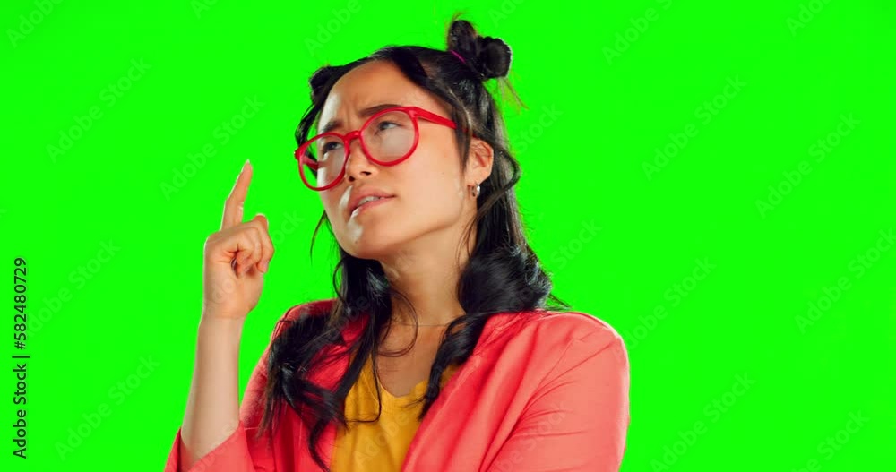 Green screen, confused and thinking by asian woman in studio, wondering ...