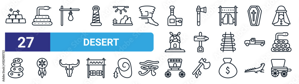 set of 27 thin line desert icons such as ingots, snake, gibbet, ax ...