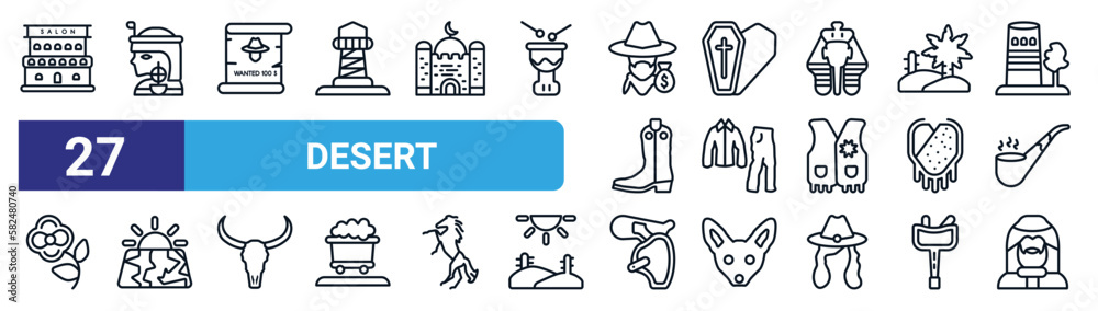 set of 27 thin line desert icons such as desert saloon, cleopatra ...