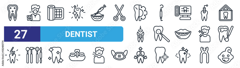 set of 27 thin line dentist icons such as inner tooth, chewing gum ...
